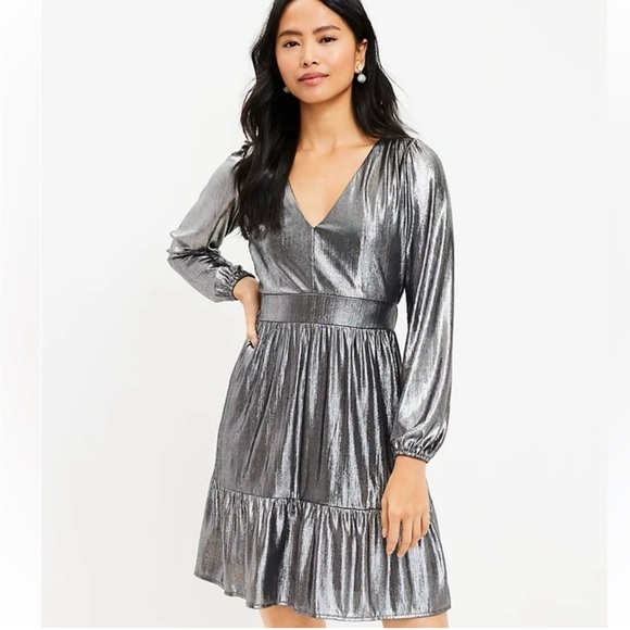 LOFT | Dresses | Loft Silver Metallic Shimmer Ruffled V Neck Dress 4 ...